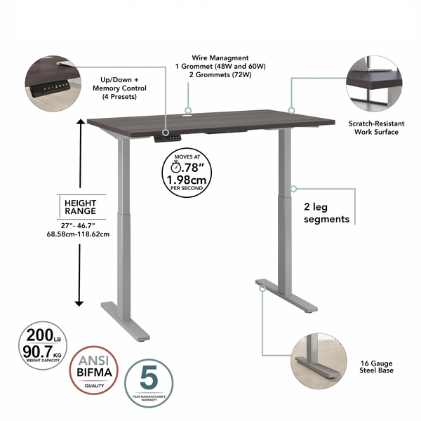 60" Modern Adjustable Standing Office Desk in Storm Gray with Metallic ...