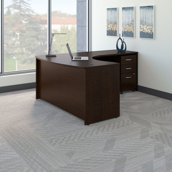 60" Right-Handed L-shaped Desk with 3-Drawer Mobile Pedestal in Mocha ...