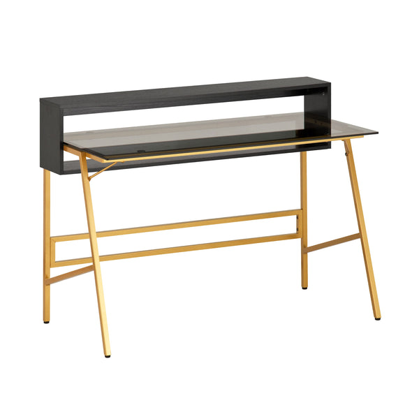 47" Glass & Gold Desk with Shelf by Techni Mobili - OfficeDesk.com