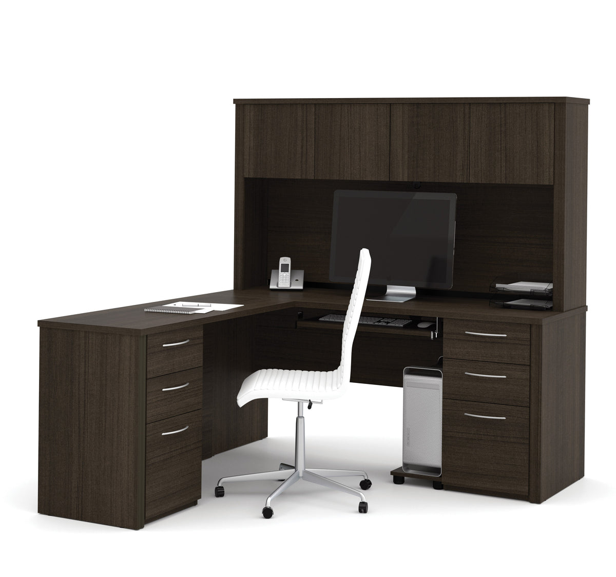66" Dark Chocolate L-Desk with Hutch by Bestar - OfficeDesk.com