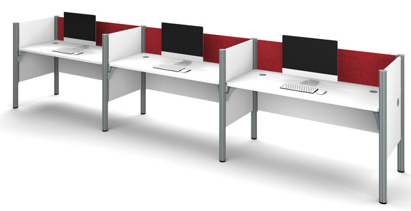 182" White Three-Desk Workstation with Red Tack Board - OfficeDesk.com