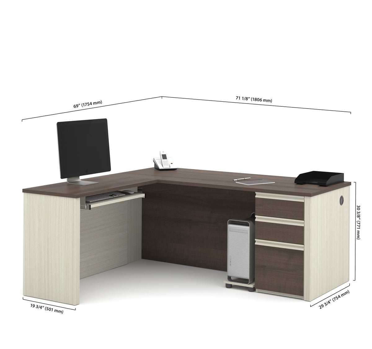 71" x 69" White Chocolate & Antigua L-shaped Desk by Bestar ...
